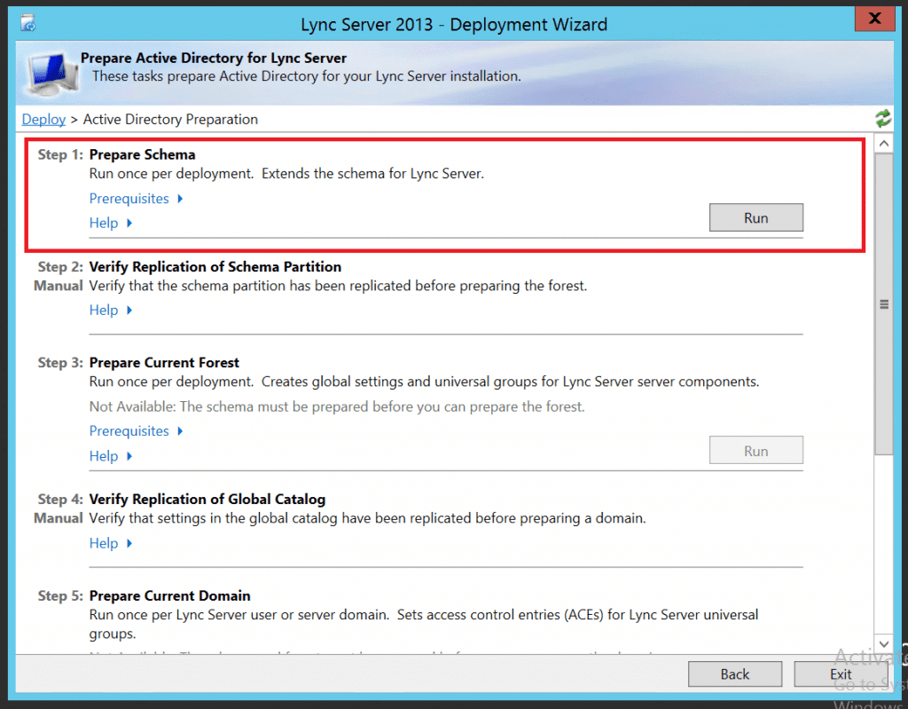 Installing Lync 2013 in Lab – Prepare Active Directory Wizard